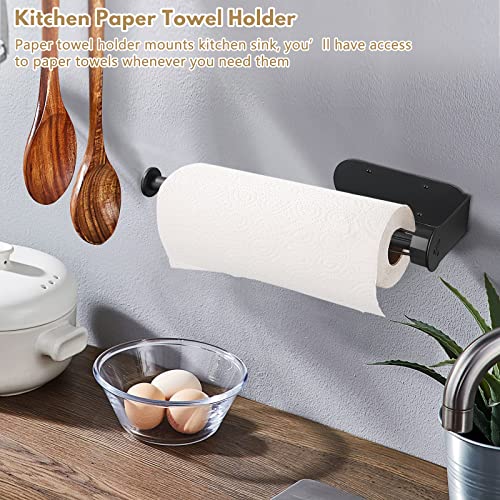 SOAMOEU Paper Towel Holder Under Cabinet, Single Hand Operable Paper Towel Holder Wall Mount with Damping Effect, Self-Adhesive or Drilling for Kitchen, Bathroom (Black)