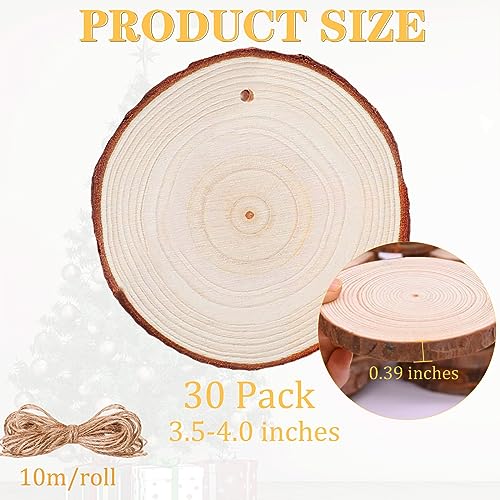 Unfinished Wood Slices, 30Pcs 3.5-4 inch Craft Wood Rounds kit Circles Crafts Christmas Ornaments DIY Crafts with Bark for Crafts Rustic Wedding Decoration