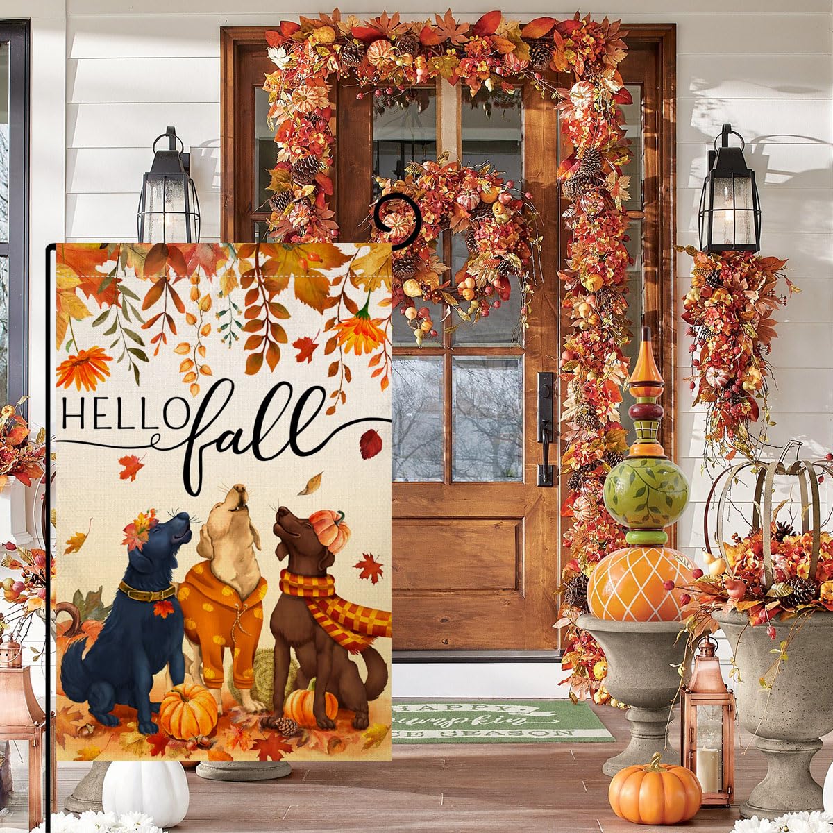 BLKWHT Fall Dogs Garden Flag 12x18 Vertical Double Sided Autumn Leaves Thanksgiving Holiday Outside Decorations Burlap Yard Flag BW506