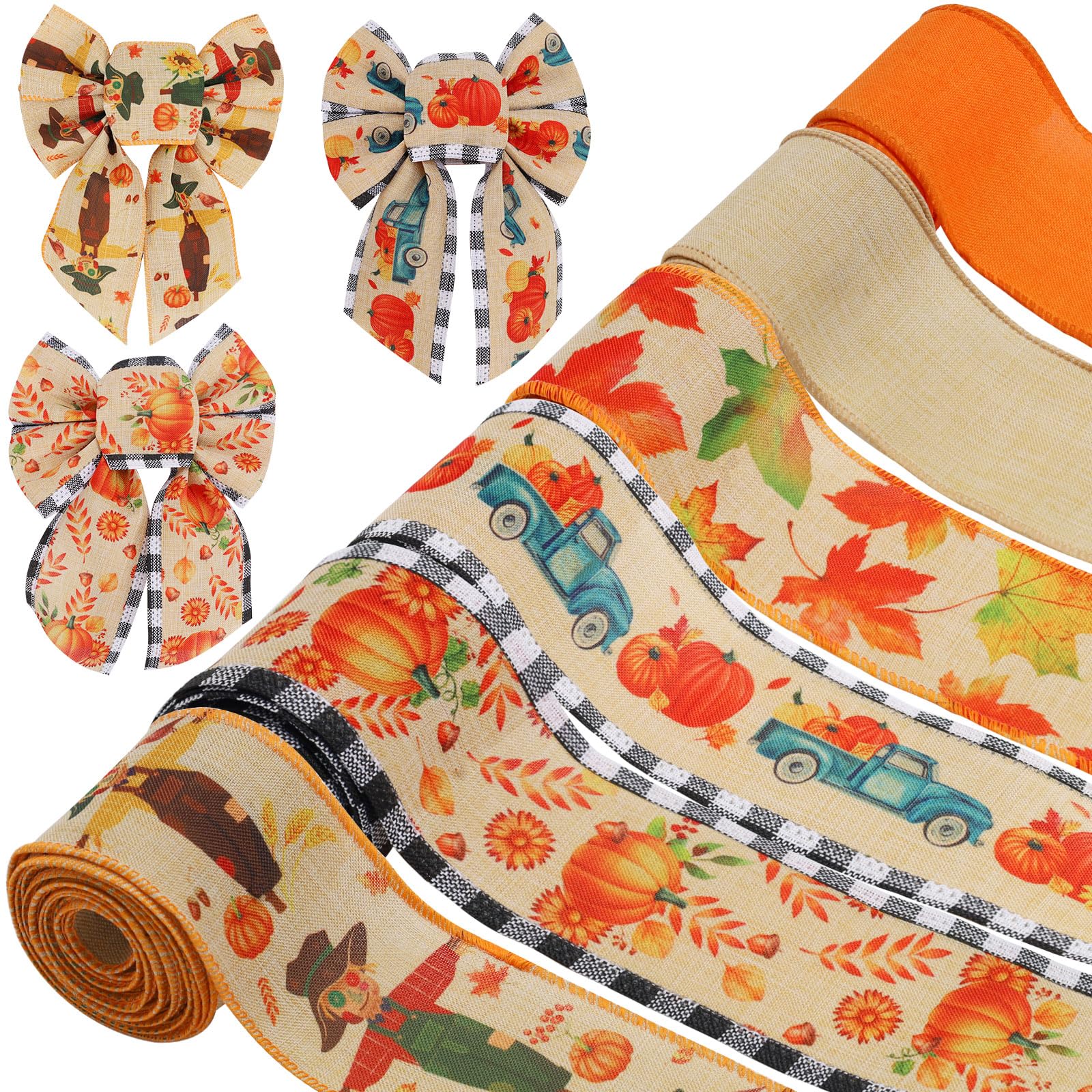 6 Rolls 30 Yards Burlap Ribbon, 2.5″W Buffalo Plaid Wired Edge Ribbon Thanksgiving Theme Craft Ribbon for Wrapping Gifts Making Wreath Bow