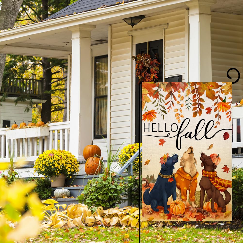 BLKWHT Fall Dogs Garden Flag 12x18 Vertical Double Sided Autumn Leaves Thanksgiving Holiday Outside Decorations Burlap Yard Flag BW506