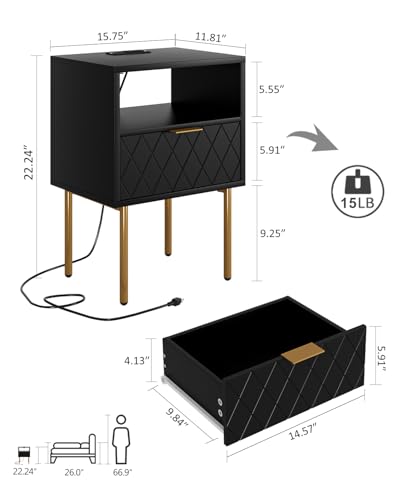 Masupu Nightstand with Charging Station,Mid-Century Modern Bedside Table with Storage Drawer and Open Wood Shelf,Small Gold Frame Side Table for Bedroom,Living Room(Black)