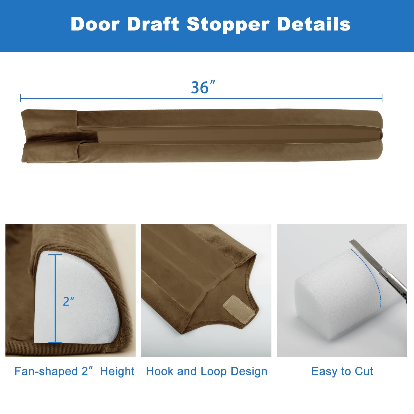 DCUINS Door Draft Stopper, 36 Inch Under Draft Guard Noise Blocker, Seal Bottom of Doors 30'' to 36'' Gap Filler up to 1.7'' Front Door Sweep, Machine Washable, Brown