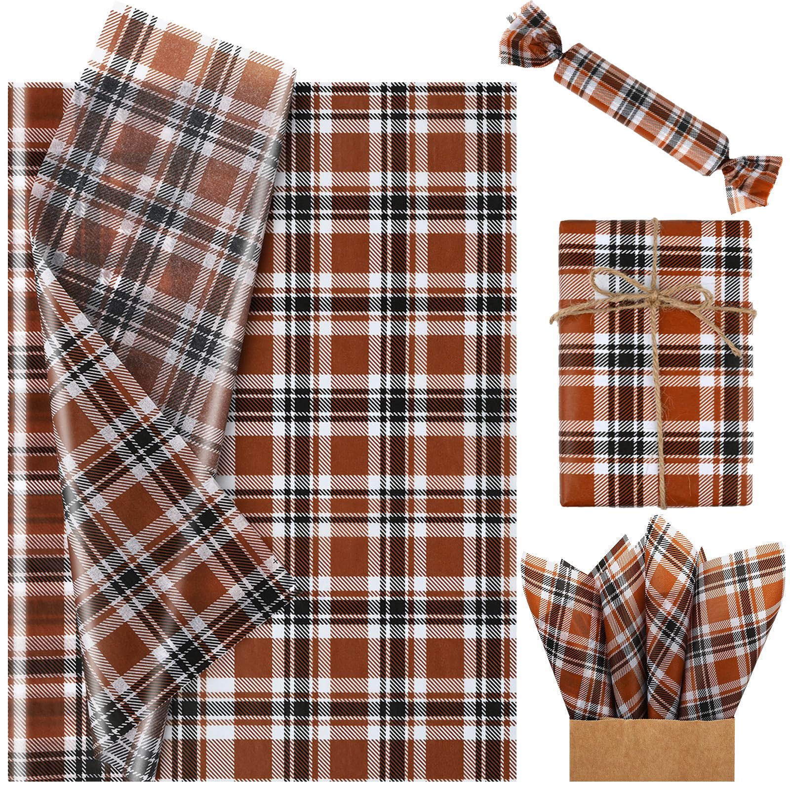 Bolsome 100 Sheets 20 * 14 Inches Brown Buffalo Plaid Gift Wrapping Paper Vintage Fall Tissue Paper for Gift Bags Rustic Art Tissue Paper for Birthday Thanksgiving Day Autumn Holidays Party DIY Craft