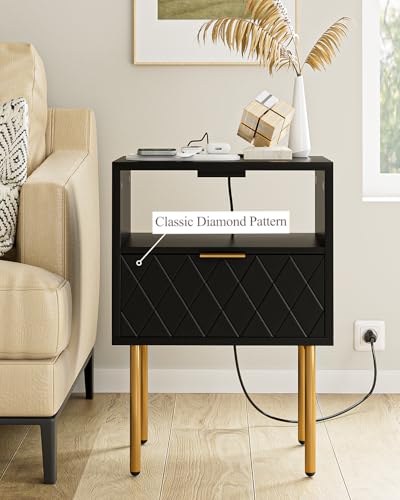Masupu Nightstand with Charging Station,Mid-Century Modern Bedside Table with Storage Drawer and Open Wood Shelf,Small Gold Frame Side Table for Bedroom,Living Room(Black)