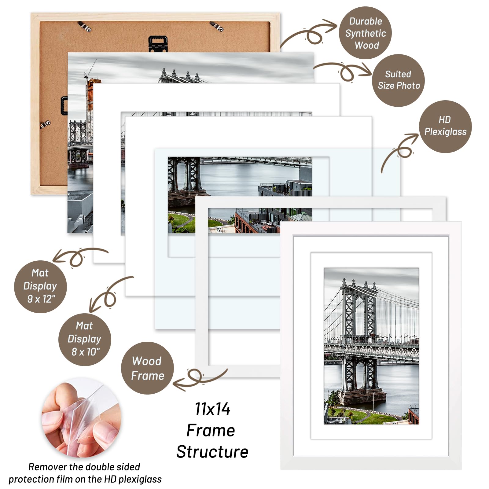 UHFWIFR 11x14 Picture Frames Solid Wood Display Pictures 9x12 or 8x10 with Mat or 11x14 Frame without Mat Poster Photo Frame Art with 2 Mats for Wall Mounting or Table Top(White)