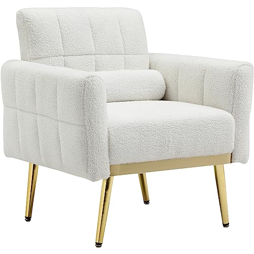 ODUSE-DAILY White Modern Accent Chairs for Living Room, Beige Teddy Fabric Arm Chair, Ivory Cream Single Sofa Chair Couch, Gold Metal Legs, for Living Room Bedroom Office Leisure (1Pcs, White)
