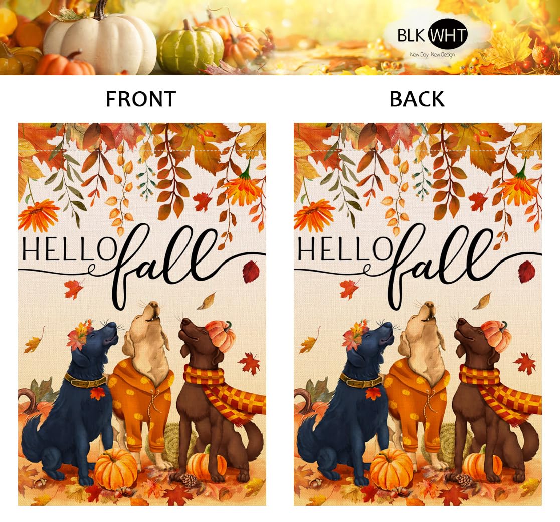 BLKWHT Fall Dogs Garden Flag 12x18 Vertical Double Sided Autumn Leaves Thanksgiving Holiday Outside Decorations Burlap Yard Flag BW506