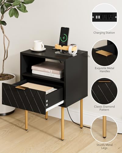 Masupu Nightstand with Charging Station,Mid-Century Modern Bedside Table with Storage Drawer and Open Wood Shelf,Small Gold Frame Side Table for Bedroom,Living Room(Black)
