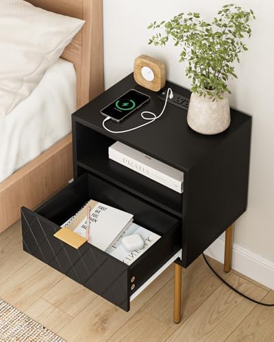 Masupu Nightstand with Charging Station,Mid-Century Modern Bedside Table with Storage Drawer and Open Wood Shelf,Small Gold Frame Side Table for Bedroom,Living Room(Black)