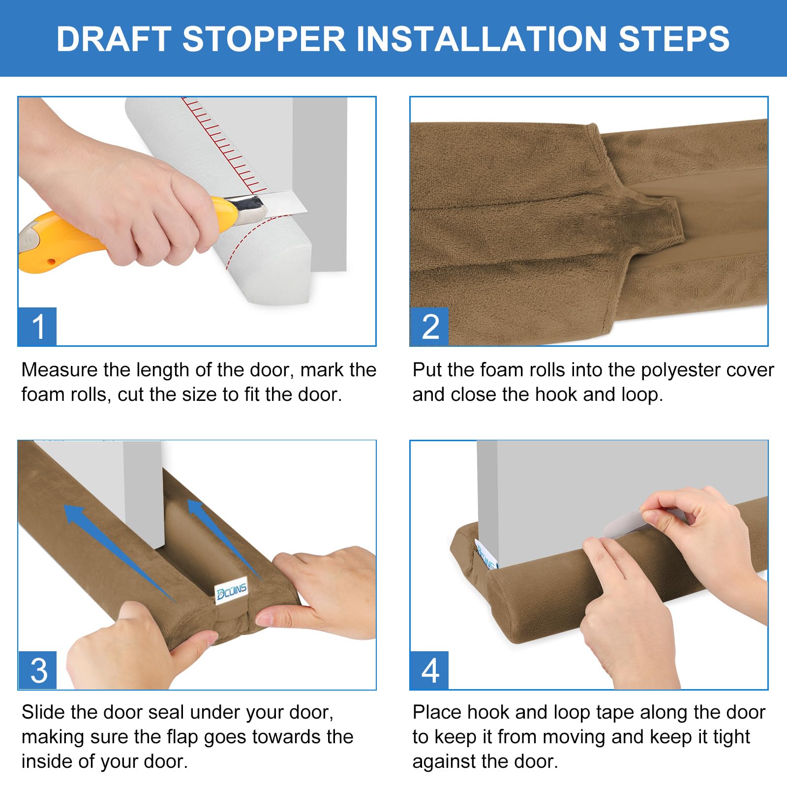 DCUINS Door Draft Stopper, 36 Inch Under Draft Guard Noise Blocker, Seal Bottom of Doors 30'' to 36'' Gap Filler up to 1.7'' Front Door Sweep, Machine Washable, Brown