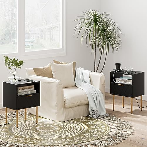 Masupu Nightstand with Charging Station,Mid-Century Modern Bedside Table with Storage Drawer and Open Wood Shelf,Small Gold Frame Side Table for Bedroom,Living Room(Black)