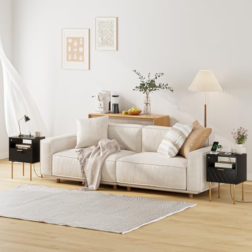Masupu Nightstand with Charging Station,Mid-Century Modern Bedside Table with Storage Drawer and Open Wood Shelf,Small Gold Frame Side Table for Bedroom,Living Room(Black)