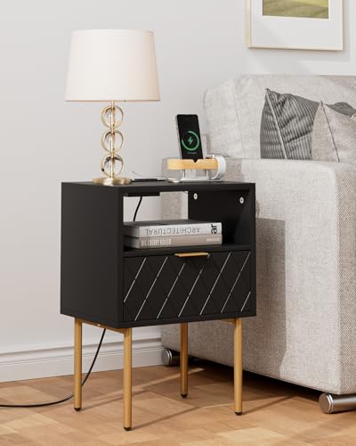 Masupu Nightstand with Charging Station,Mid-Century Modern Bedside Table with Storage Drawer and Open Wood Shelf,Small Gold Frame Side Table for Bedroom,Living Room(Black)