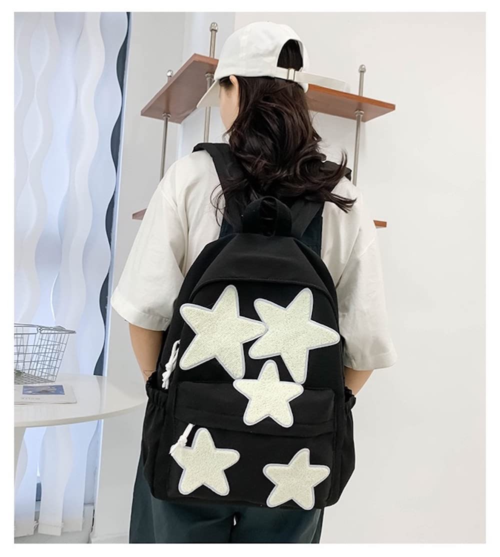 JHTPSLR Preppy Backpack Y2K Aesthetic Backpack Lambswool Stars Patchwork Backpack Cute Kawaii Stars Backpack Supplies Casual Daypack (Black)