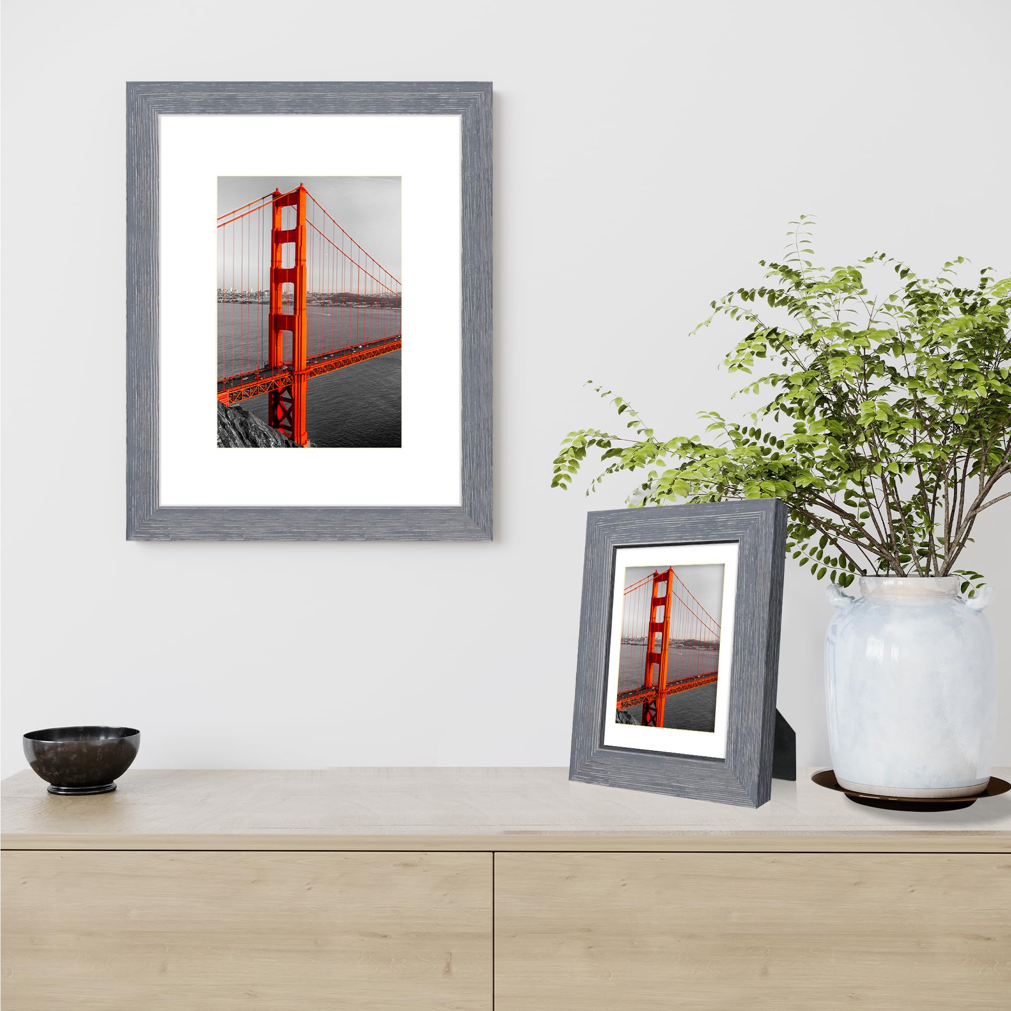 Flocey 11 x 14 Picture Frames set of 2, Made of Solid Wood and Safety Plexiglass Display Pictures 8x10/5-4x6 with Mat or 11x14 Without Mat for Wall Mounting Photo Frames Grey