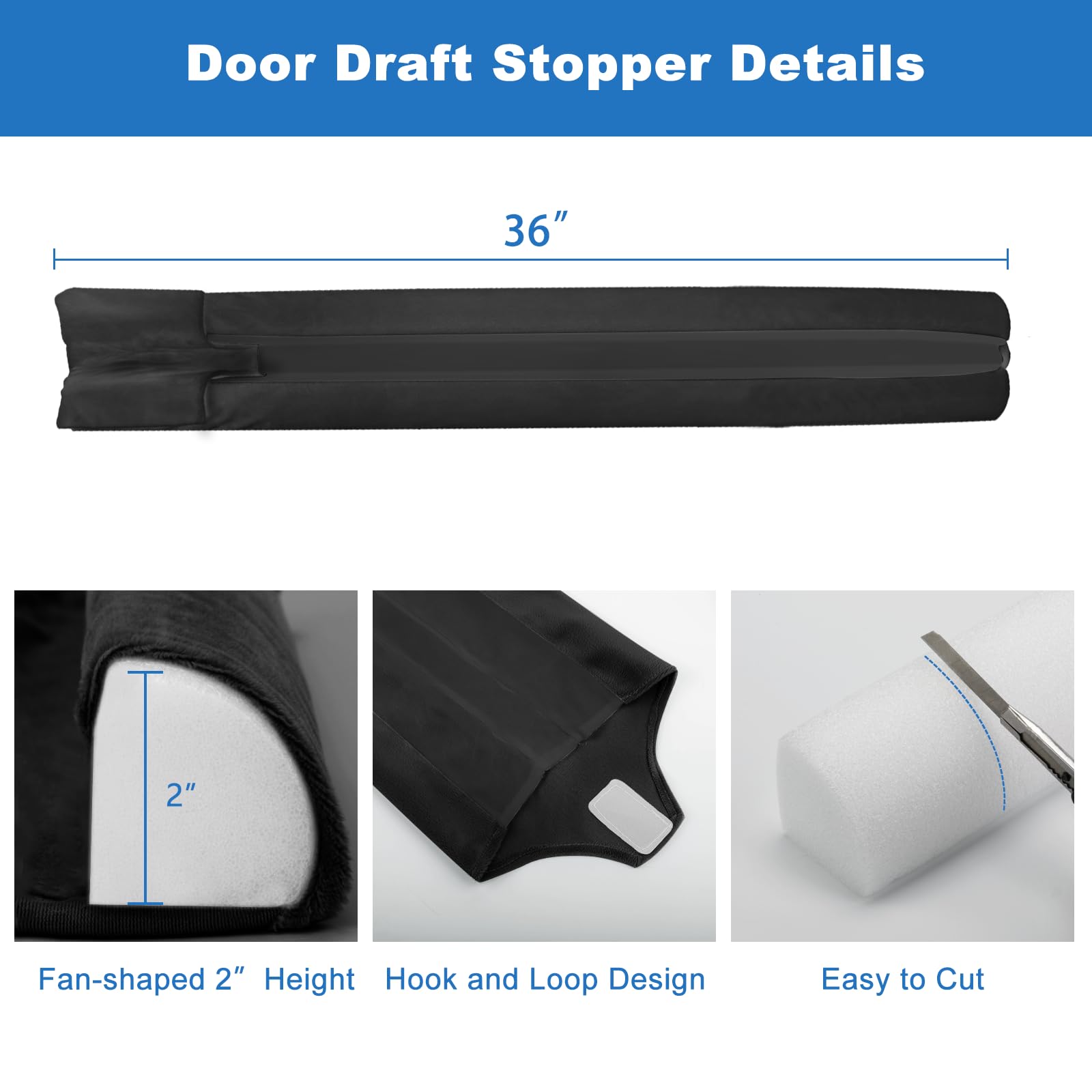 DCUINS Door Draft Stopper, 36 Inch Under Draft Guard Noise Blocker, Seal Bottom of Doors 30'' to 36'' Gap Filler up to 1.7'' Front Door Sweep, Machine Washable, Black