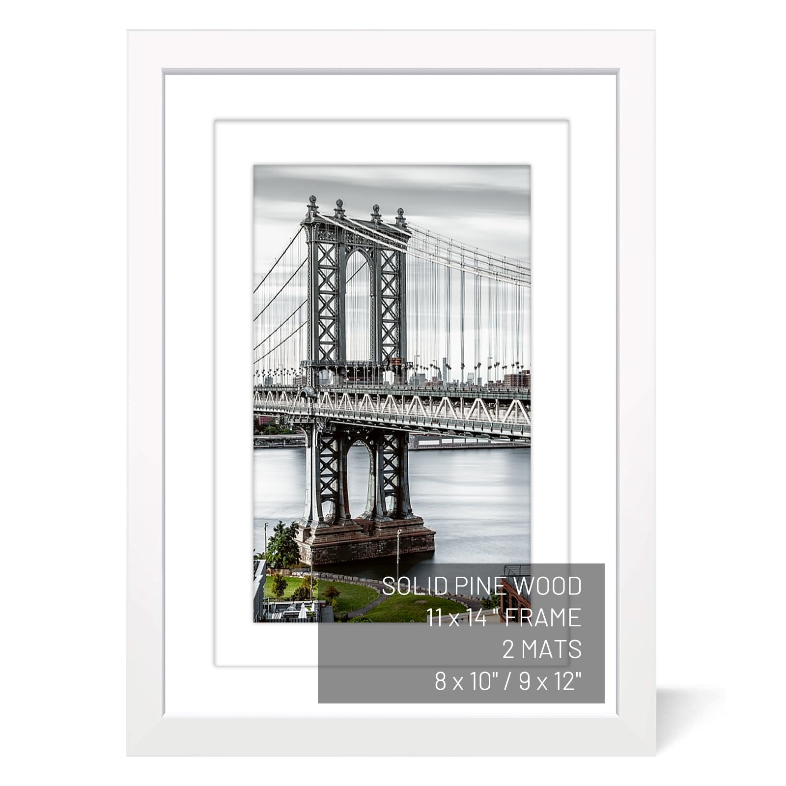 UHFWIFR 11x14 Picture Frames Solid Wood Display Pictures 9x12 or 8x10 with Mat or 11x14 Frame without Mat Poster Photo Frame Art with 2 Mats for Wall Mounting or Table Top(White)
