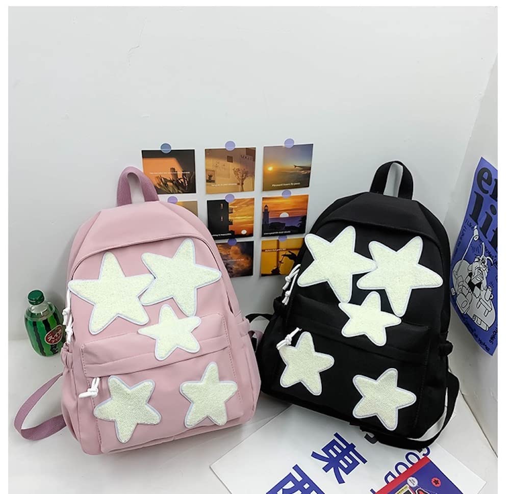 JHTPSLR Preppy Backpack Y2K Aesthetic Backpack Lambswool Stars Patchwork Backpack Cute Kawaii Stars Backpack Supplies Casual Daypack (Black)