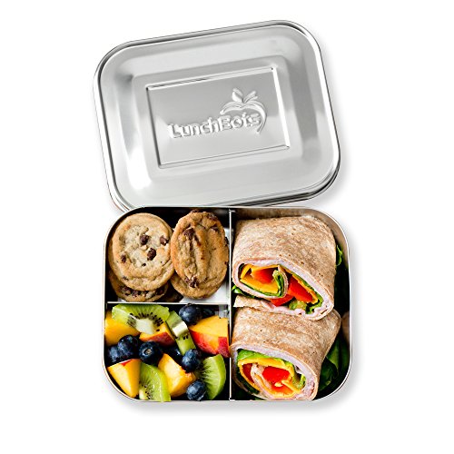 LunchBots Medium Trio II Snack Container - Divided Stainless Steel Food Container - Three Sections for Snacks On the Go - Eco-Friendly, Dishwasher Safe, BPA-Free - Stainless Lid - All Stainless