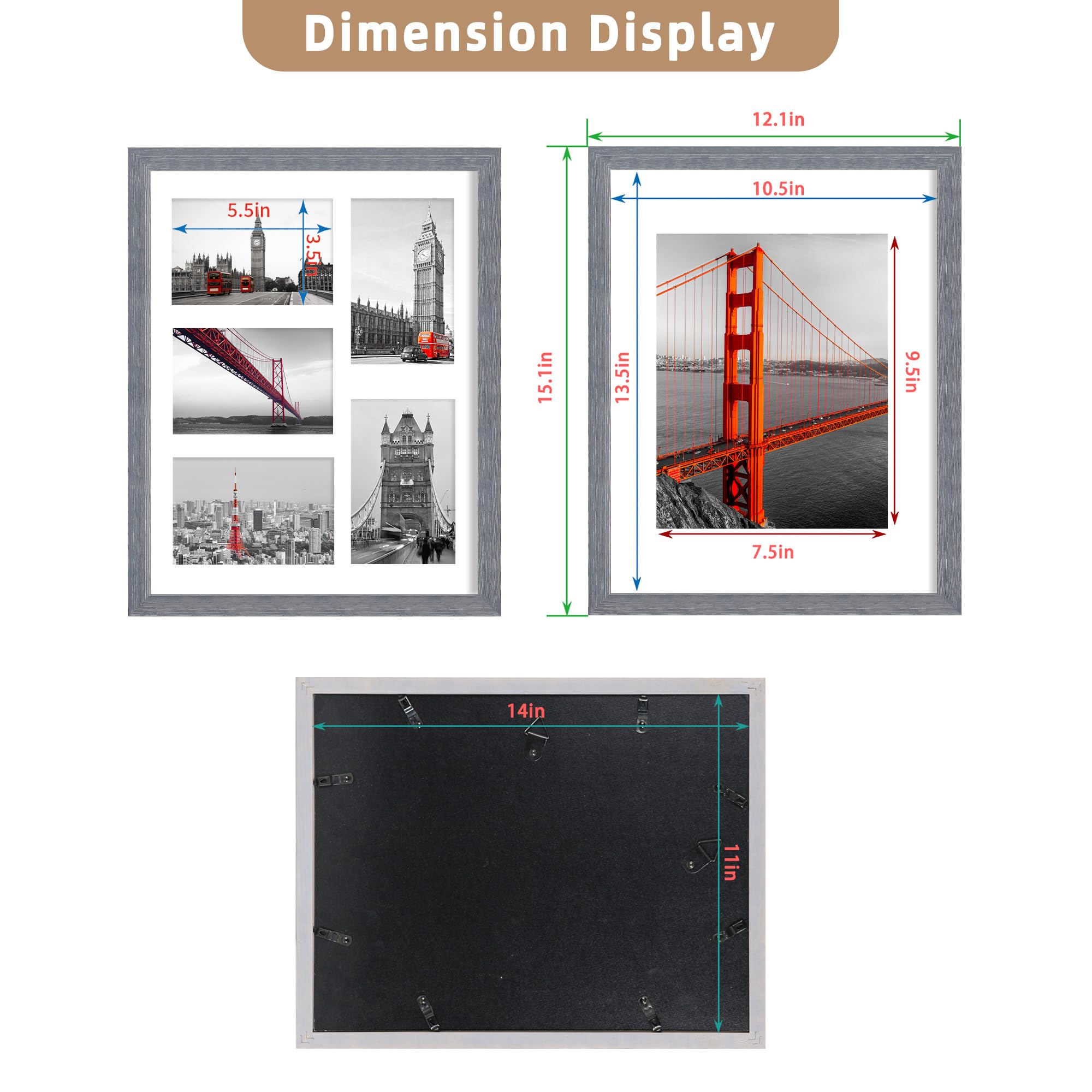 Flocey 11 x 14 Picture Frames set of 2, Made of Solid Wood and Safety Plexiglass Display Pictures 8x10/5-4x6 with Mat or 11x14 Without Mat for Wall Mounting Photo Frames Grey
