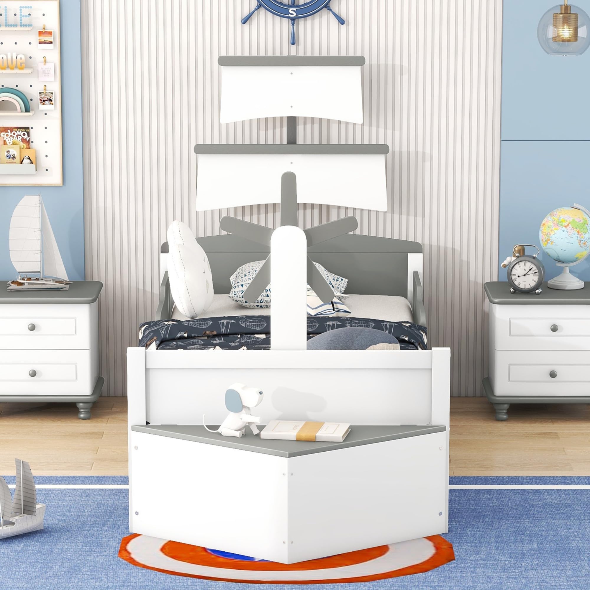 Harper & Bright Designs Kids Twin Bed with Trundle and Storage, Solid Wood Boat-Shaped Platform Bed Frame, No Box Spring Needed, for Girls Boys Bedroom (Twin Size, Gray)