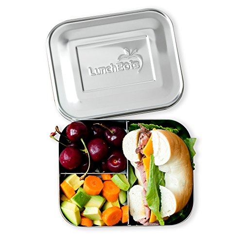 LunchBots Medium Trio II Snack Container - Divided Stainless Steel Food Container - Three Sections for Snacks On the Go - Eco-Friendly, Dishwasher Safe, BPA-Free - Stainless Lid - All Stainless