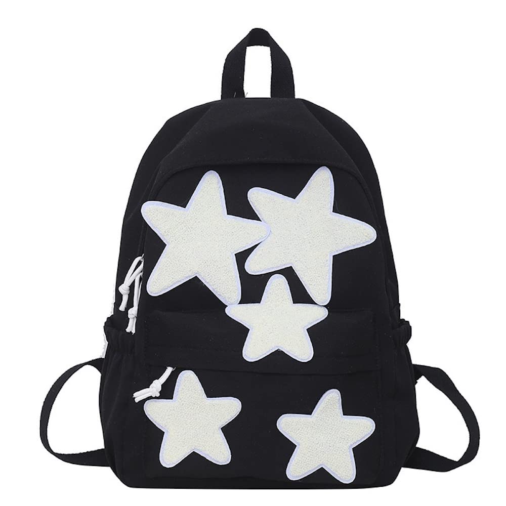 JHTPSLR Preppy Backpack Y2K Aesthetic Backpack Lambswool Stars Patchwork Backpack Cute Kawaii Stars Backpack Supplies Casual Daypack (Black)