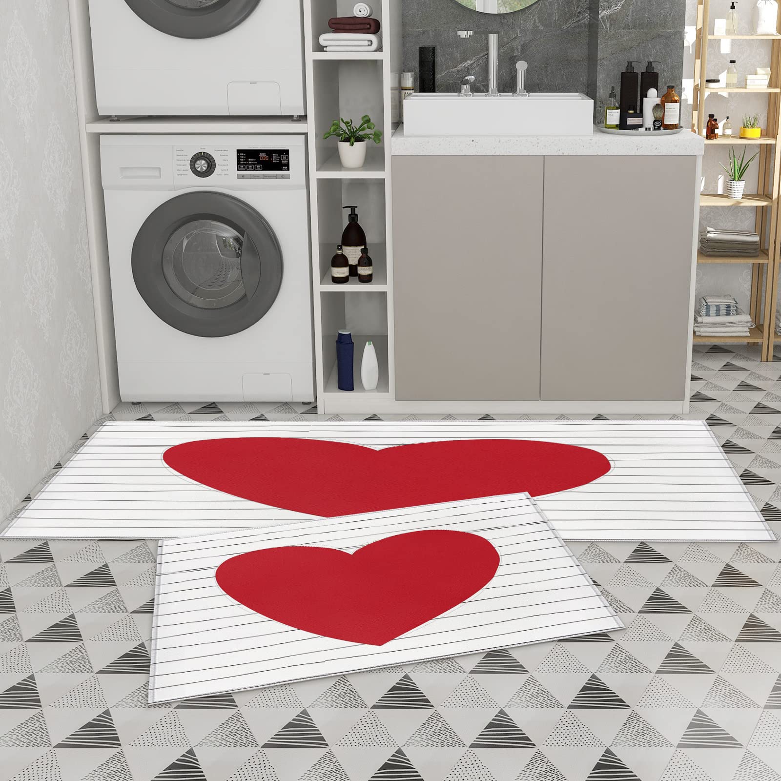 Teamery Kitchen Mats for Floor, Red Heart Kitchen Rugs, Kitchen Organization 2pcs Kitchen Mat, Kitchen Decor Runner Rug, Anti-Fatigue Mats for Kitchen Floor, Kitchen Gadgets