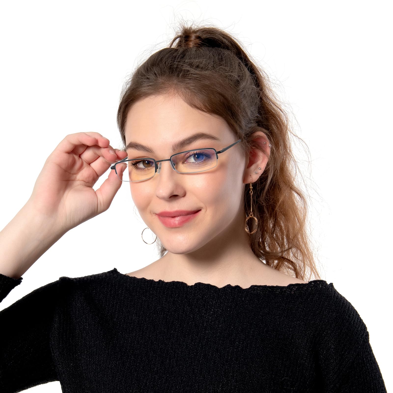 HIGHLIKE 2-Pack Blue Light Blocking Reading Glasses with Hard Cases, Semi Frame Spring Hinge Readers Glasses,Black Gunmetal 1.5 x