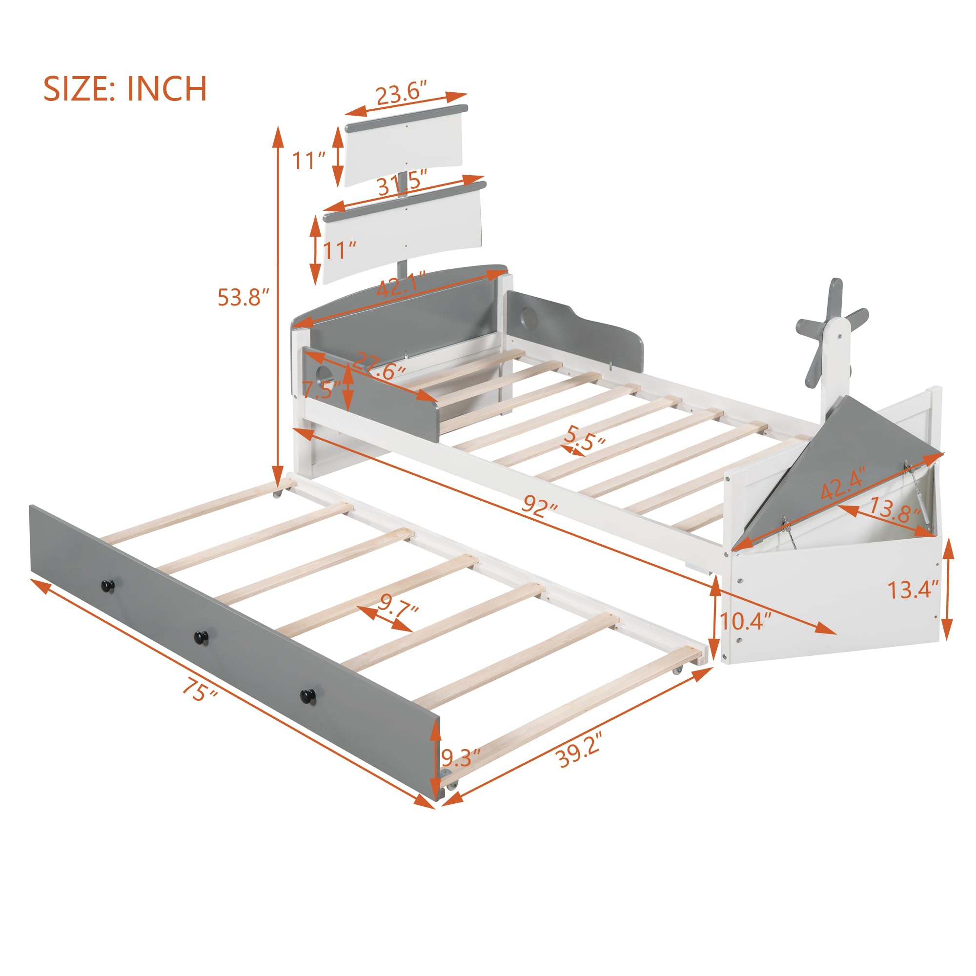 Harper & Bright Designs Kids Twin Bed with Trundle and Storage, Solid Wood Boat-Shaped Platform Bed Frame, No Box Spring Needed, for Girls Boys Bedroom (Twin Size, Gray)