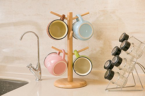 Bamboo Wooden Mug Rack Tree Coffee Tea Cup Organizer Hanger Holder with 6 Hooks Removable Bamboo Mug Stand by AHYUAN
