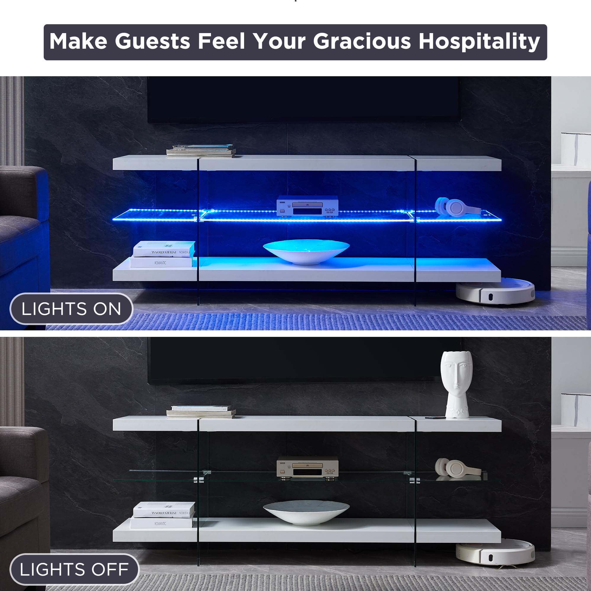 T4TREAM Modern TV Stand for 75 Inch TV, Tempered Glass and Wood Entertainment Center with RGB LED Lights, Media Console Table with Open Storage Shelves for Living Room, Solid White