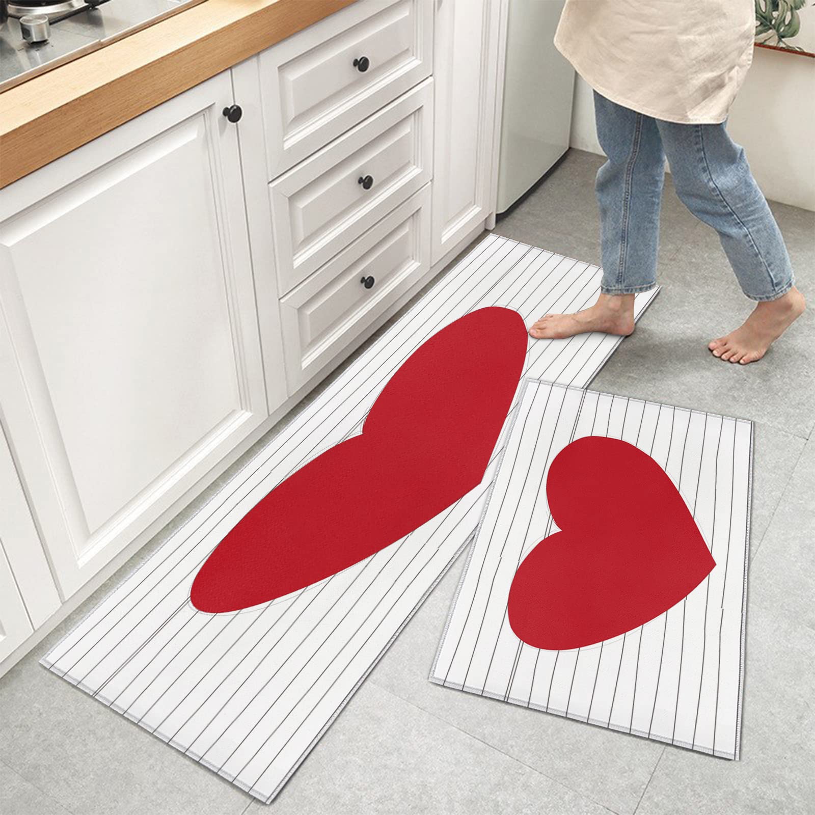 Teamery Kitchen Mats for Floor, Red Heart Kitchen Rugs, Kitchen Organization 2pcs Kitchen Mat, Kitchen Decor Runner Rug, Anti-Fatigue Mats for Kitchen Floor, Kitchen Gadgets