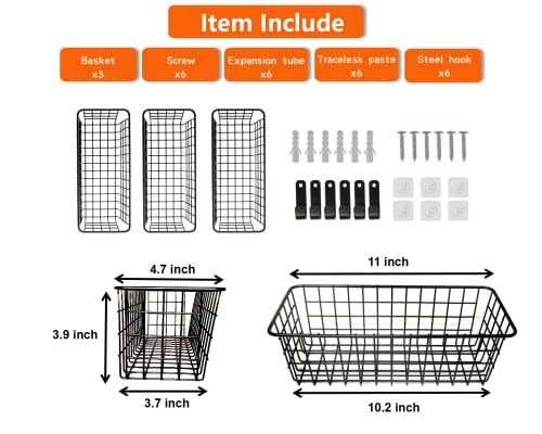 Joben Oligey 6 Set (2 SIZE) Hanging Wire Baskets ,Wall Mount Fruit Basket,No Drilling,Adhesive Metal Basket,Farmhouse Food Storage Mesh Bin Kitchen Pantry Laundry Bathroom Closet Garage RV ,Black