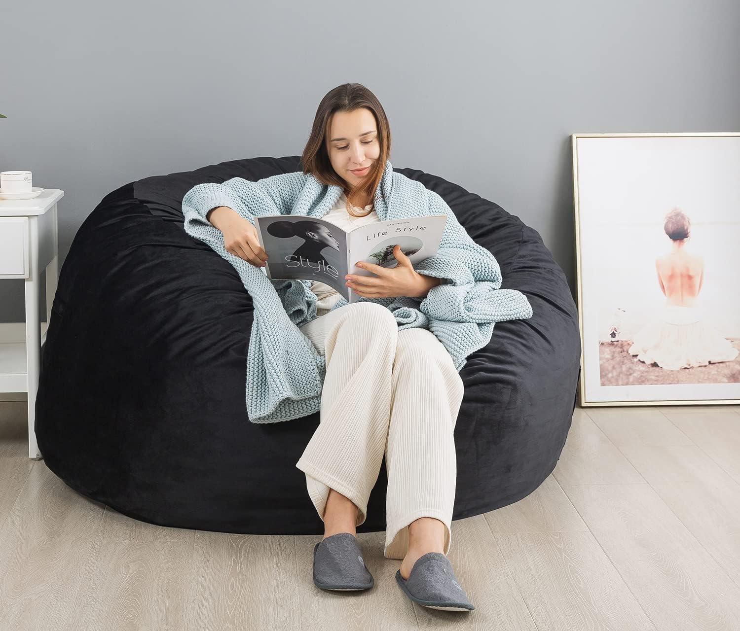 WhatsBedding Bean Bag Chairs for Adults Filled with Memory Foam, Large Bean Bag Sofa, Furniture Bag with Soft Dutch Velvet Cover,Black, 3 FT