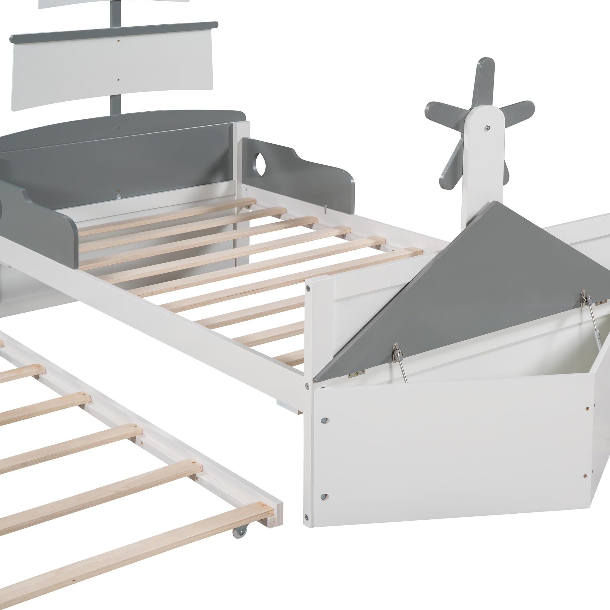 Harper & Bright Designs Kids Twin Bed with Trundle and Storage, Solid Wood Boat-Shaped Platform Bed Frame, No Box Spring Needed, for Girls Boys Bedroom (Twin Size, Gray)