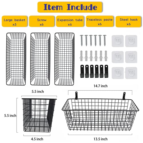 Joben Oligey 6 Set (2 SIZE) Hanging Wire Baskets ,Wall Mount Fruit Basket,No Drilling,Adhesive Metal Basket,Farmhouse Food Storage Mesh Bin Kitchen Pantry Laundry Bathroom Closet Garage RV ,Black
