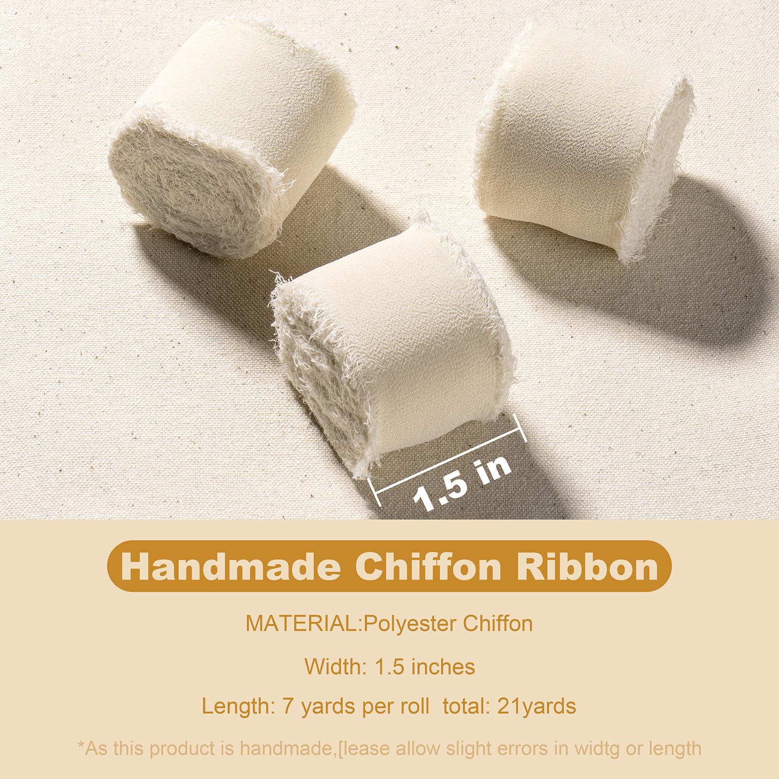 Chiffon Ribbon, 3 Rolls 21 Yards Champagne Handmade Fringe Chiffon Silk Ribbon 1.5" x 7Yd Ribbons Set for Wedding Invitations, Bridal Bouquets, Gifts Wrapping, DIY Crafts