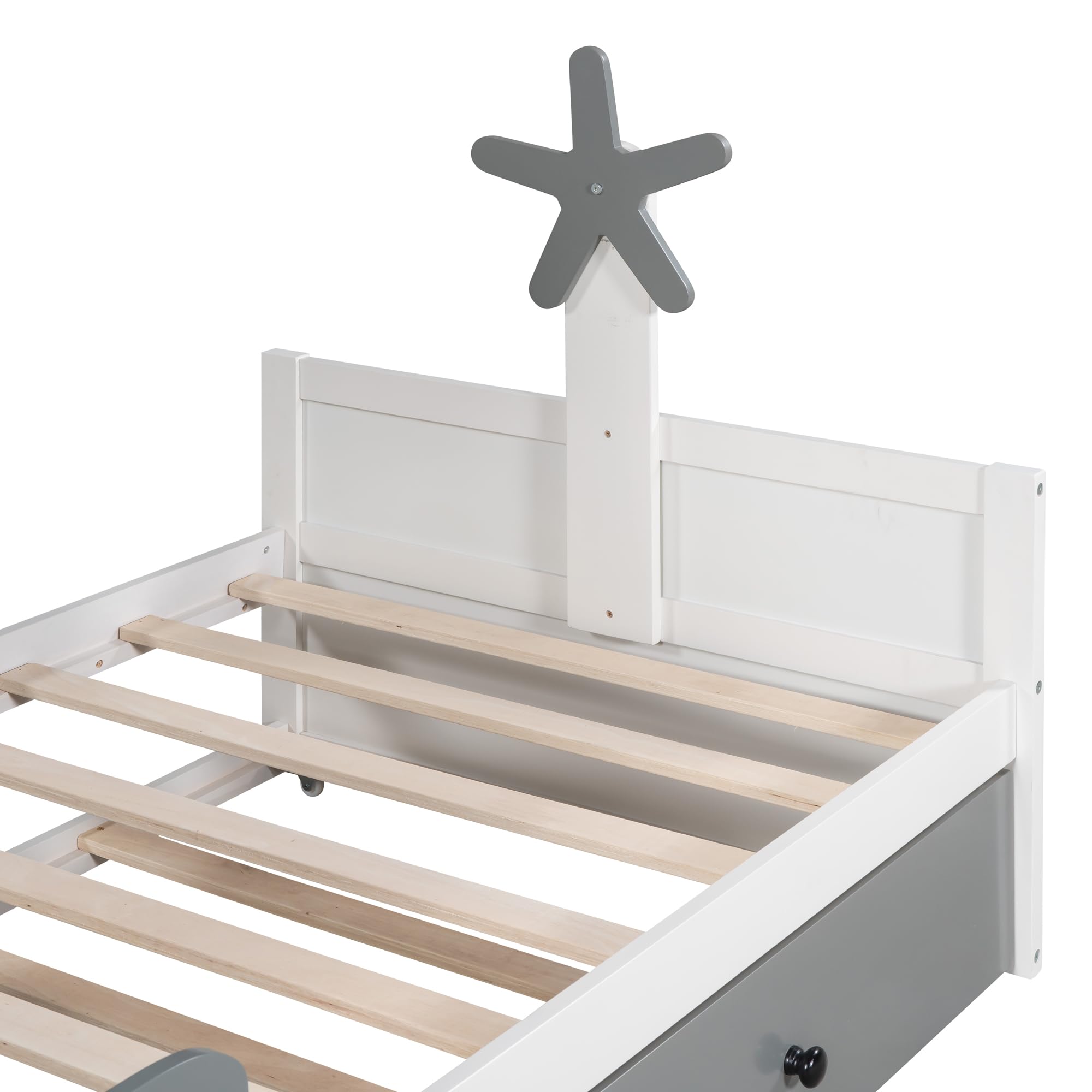 Harper & Bright Designs Kids Twin Bed with Trundle and Storage, Solid Wood Boat-Shaped Platform Bed Frame, No Box Spring Needed, for Girls Boys Bedroom (Twin Size, Gray)
