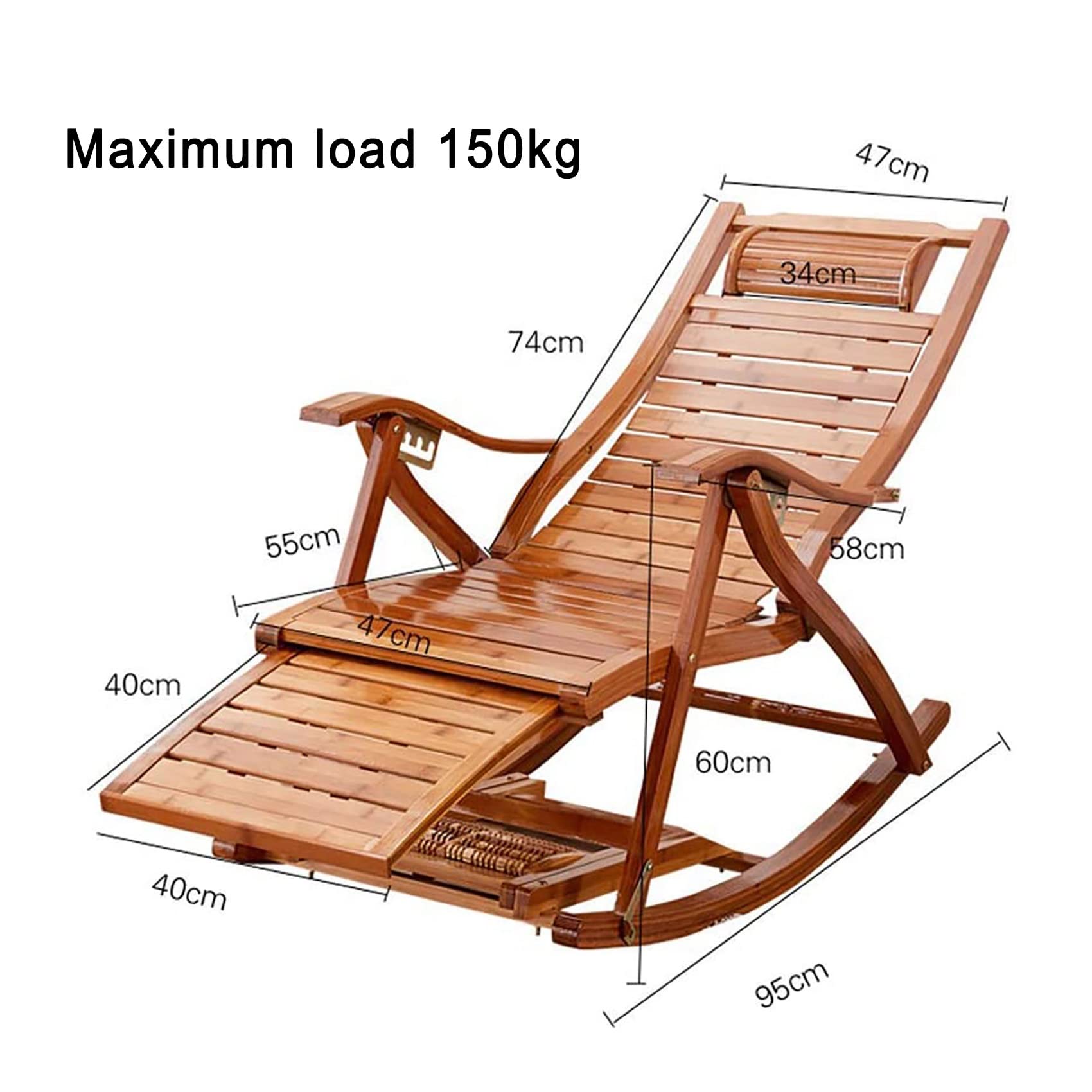 HM&DX Bamboo Rocking Chair Foldable Garden Deck Chairs for Elderly Loungers Deck Chair with Cushion Stable Ergonomic Wooden Patio Pool Garden Chair(Short pad, B)