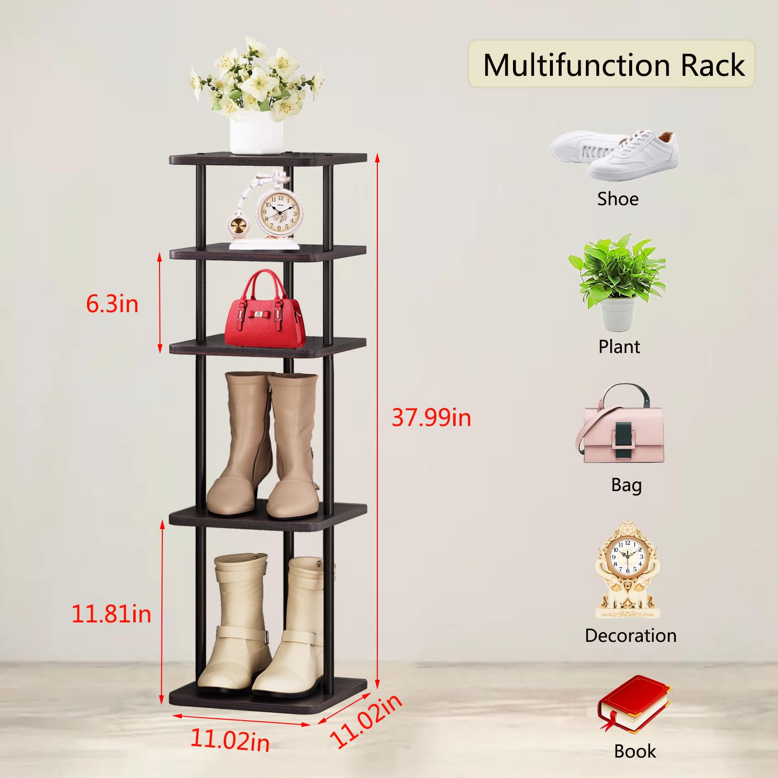SORCEDAS Shoe Rack Vertical Narrow Shoe Shelf Storage 5 Tier Corner Shoe Organizer for Closet Entryway Garage(Black + Rustic Dark Brown)