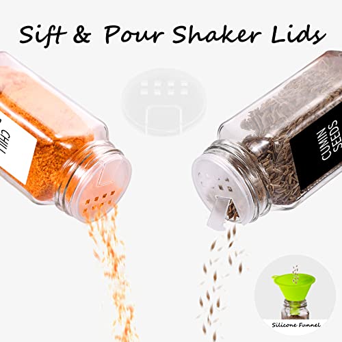 Churboro 36 Spice Jars with 547 Labels - Glass Spice Jars with Shaker Lids - 4 Oz Square Spice Containers with Acacia Wood Lids, Chalk Pen, Funnel Seasoning Jars for Spice Rack, Cabinet, or Drawer