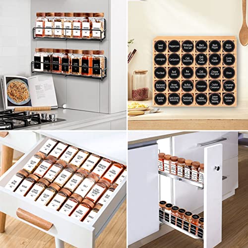Churboro 36 Spice Jars with 547 Labels - Glass Spice Jars with Shaker Lids - 4 Oz Square Spice Containers with Acacia Wood Lids, Chalk Pen, Funnel Seasoning Jars for Spice Rack, Cabinet, or Drawer