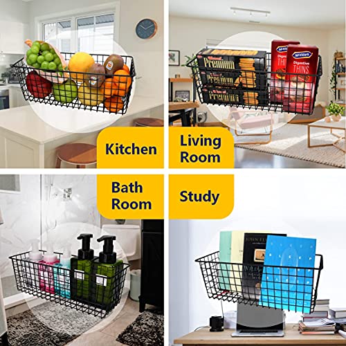 Joben Oligey 6 Set (2 SIZE) Hanging Wire Baskets ,Wall Mount Fruit Basket,No Drilling,Adhesive Metal Basket,Farmhouse Food Storage Mesh Bin Kitchen Pantry Laundry Bathroom Closet Garage RV ,Black