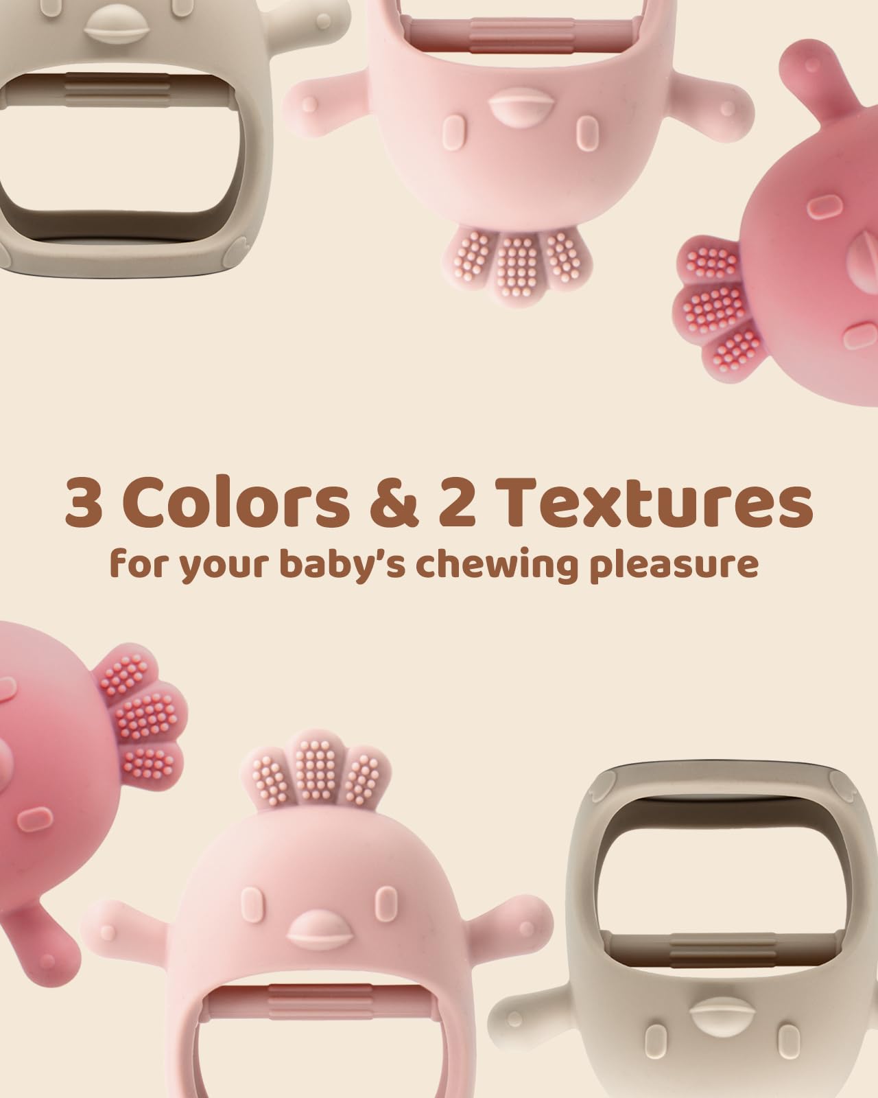 3 Packs Baby Teething Toy Silicone Teething Mitten for Babies Over 3 Months Anti Dropping Wrist Hand Teethers Baby Chew Toys for Sucking Needs, BPA Free (Pink, Caramel & Coral Red)