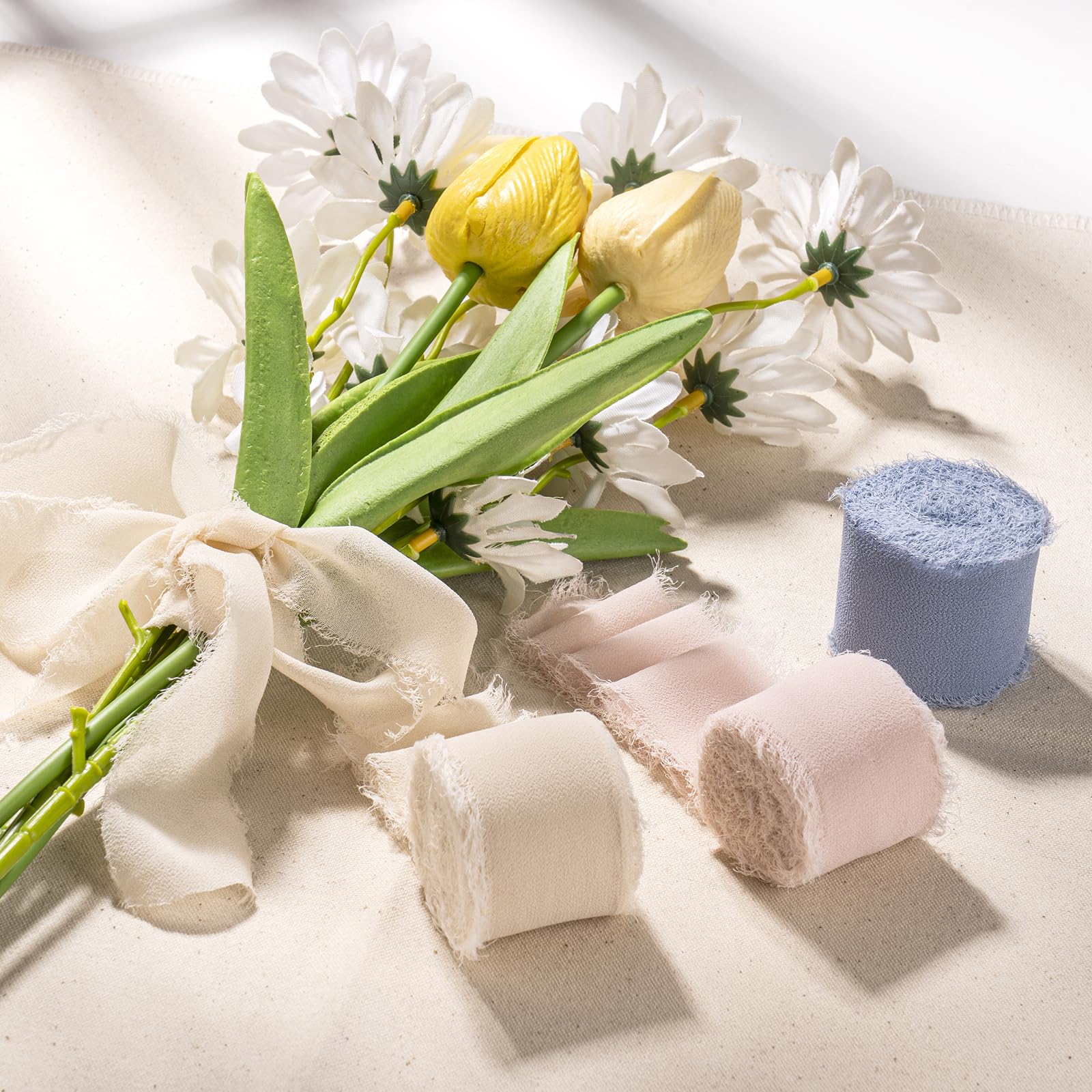 Chiffon Ribbon, 3 Rolls 21 Yards Champagne Handmade Fringe Chiffon Silk Ribbon 1.5" x 7Yd Ribbons Set for Wedding Invitations, Bridal Bouquets, Gifts Wrapping, DIY Crafts