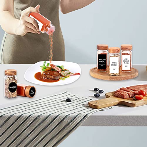 Churboro 36 Spice Jars with 547 Labels - Glass Spice Jars with Shaker Lids - 4 Oz Square Spice Containers with Acacia Wood Lids, Chalk Pen, Funnel Seasoning Jars for Spice Rack, Cabinet, or Drawer
