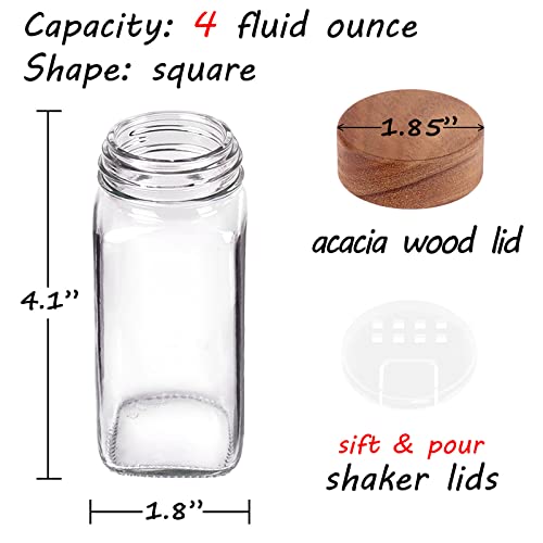 Churboro 36 Spice Jars with 547 Labels - Glass Spice Jars with Shaker Lids - 4 Oz Square Spice Containers with Acacia Wood Lids, Chalk Pen, Funnel Seasoning Jars for Spice Rack, Cabinet, or Drawer