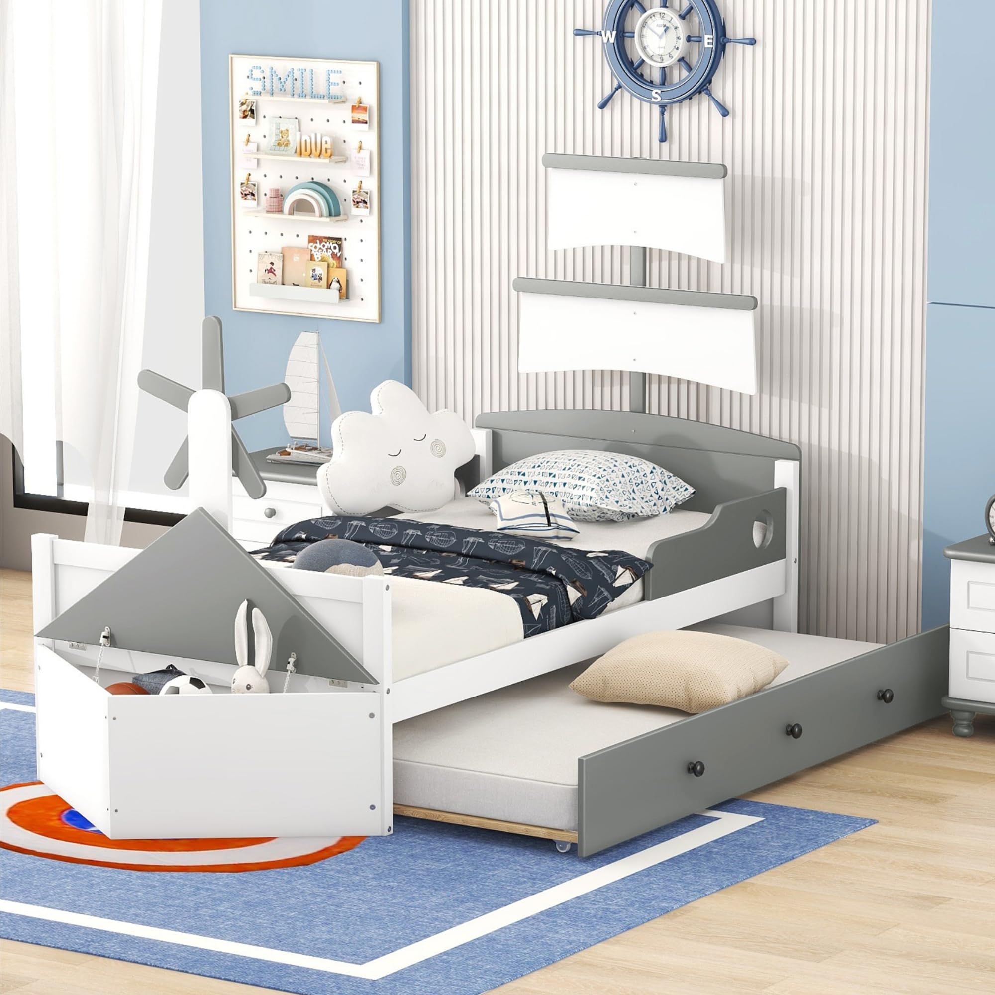 Harper & Bright Designs Kids Twin Bed with Trundle and Storage, Solid Wood Boat-Shaped Platform Bed Frame, No Box Spring Needed, for Girls Boys Bedroom (Twin Size, Gray)